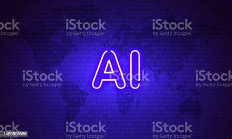인공지능 Ai 이진 코드가 있는 파란색 지도 배경에 네온 기호 데이터 개념 밝은 네온 불빛이 있는 빈티지 전기 간판 기술 연결