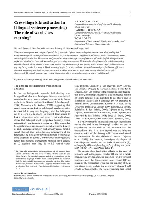 Pdf 2011 Cross Linguistic Activation In Bilingual Sentence
