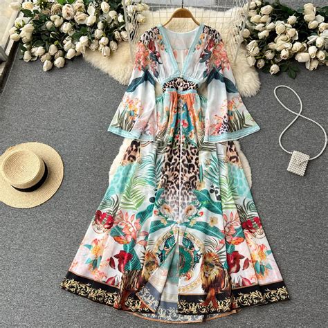 섹시한 딥 브이넥 플레어 슬리브 보헤미안 롱 드레스 여성 의류 런웨이 빈티지 프린트 싱글 브레스트 맥시 베스티도 N1973 Aliexpress