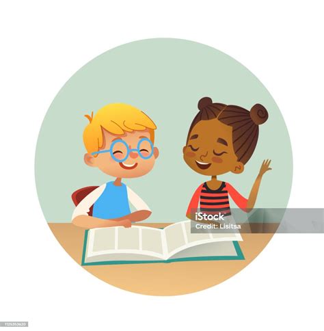 다민족 소년과 소녀는 책을 읽고 학교 도서관에서 서로 얘기를 웃 고 학교 애 들이 라운드 프레임에 문학 토론입니다 벡터 일러스트