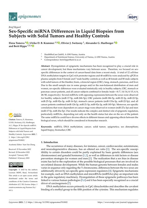 PDF Sex Specific MiRNA Differences In Liquid Biopsies From Subjects With Solid Tumors And