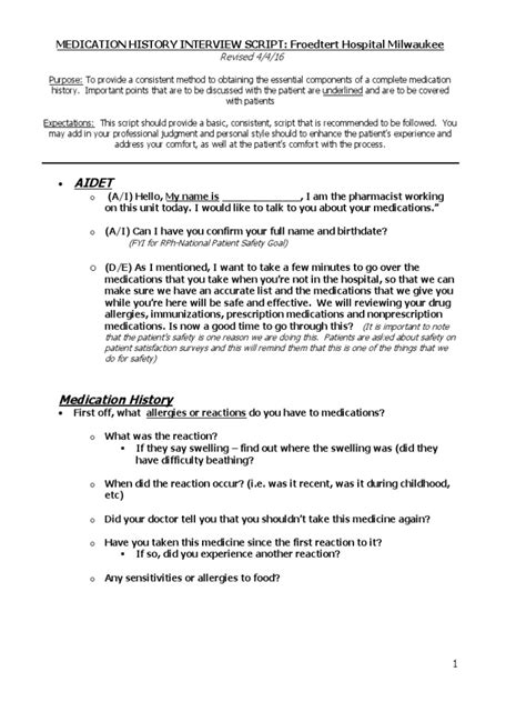 Obtaining An Accurate Medication History A Standardized Script For