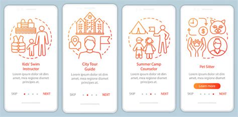 여름 파트 타임 작업 오렌지 온보딩 모바일 앱 페이지 화면 벡터 템플릿입니다 수영 강사 선형 일러스트레이션이 있는 웹 사이트 연습 단계입니다 Ux Ui Gui 스마트폰