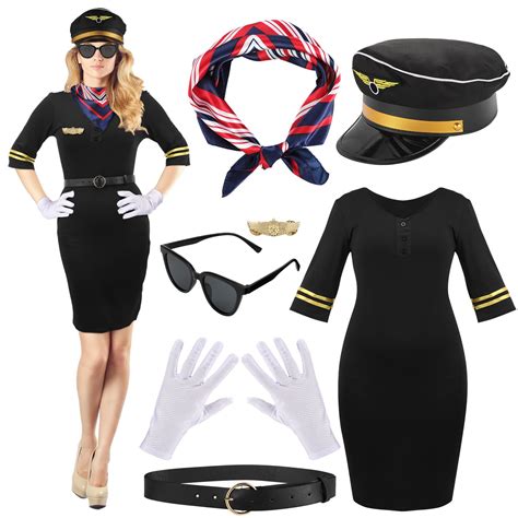 Xtinmee 7 Pcs Halloween Flight Attendant Costume Womens Pilot Captain