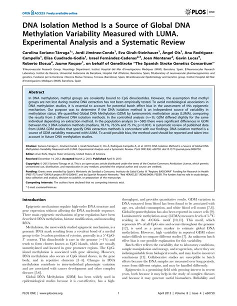 Pdf Dna Isolation Method Is A Source Of Global Dna Methylation Variability Measured With Luma