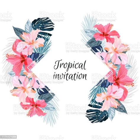야자수 잎과 이국적인 빨간 히비스커스 꽃 여름 열대 배경 디자인 벡터 꽃 초대 및 인사말 카드 템플릿입니다 0명에 대한 스톡