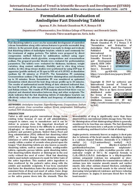 Formulation And Evaluation Of Amlodipine Fast Dissolving Tablets Pdf