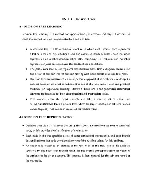 Ml Unit 4 Material Unit 4 Decision Trees 4 1 Decision Tree