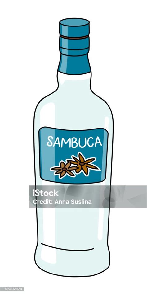 전통적인 이탈리아 아니스 삼부카 주류 병 낙서 만화 힙스터 스타일 벡터 일러스트 는 흰색 배경에 격리 파티 카드 포스터 바 메뉴 또는 알코올 요리 책 조리법에 적합 고급에