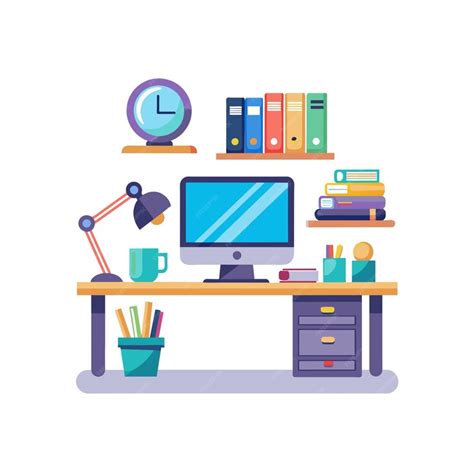 Premium Vector A Computer Desk With A Computer And A Clock On It