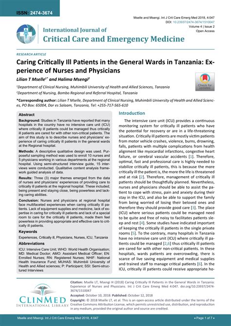 Pdf Caring Critically Ill Patients In The General Wards In Tanzania Experience Of Nurses And