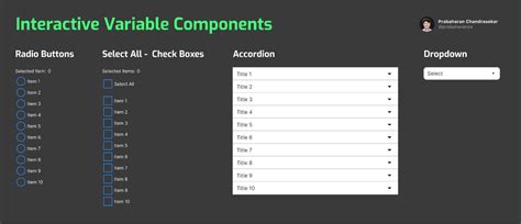 Interactive Variables Components Radio Button Select All Check Boxes