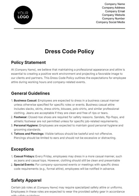 Free Dress Code Policy Hr Template To Edit Online