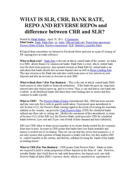What Is Slr Crr Bank Rate Repo And Reverse Repos And Difference Between Crr And Slr Pdf