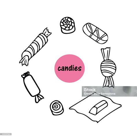 사탕 세트 손 낙서 스타일에 그려진 요소 스칸디나비아 흑백 미니멀리즘 간단한 벡터 요소 설탕 과자 초콜릿 포장지 캐러멜 디자인 카드 스티커 포스터 아이콘 귀여운에 대한 스톡