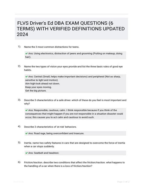 FLVS Driver S Ed DBA EXAM QUESTIONS TERMS WITH VERIFIED DEFINITIONS UPDATED