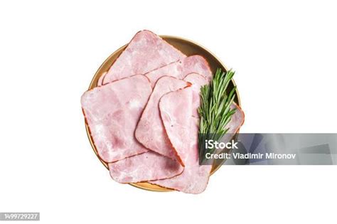 접시에 사각 얇게 썬 돼지고기 햄 흰색 배경에 격리되어 있습니다 햄에 대한 스톡 사진 및 기타 이미지 햄 0명 고기 Istock