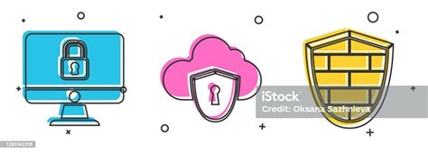 사이버 보안 벽돌 벽 아이콘으로 컴퓨터 모니터 화면 클라우드 및 쉴드 및 쉴드에 잠금 장치를 설정합니다 벡터 개념에 대한 스톡 벡터 아트 및 기타 이미지 Istock
