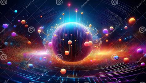 Quantum Computing Concept Showing Qubits Orbiting Around A Sphere Stock Illustration