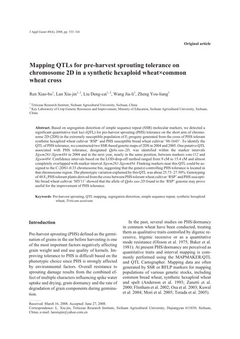 Pdf Mapping Qtls For Pre Harvest Sprouting Tolerance On Chromosome 2d In A Synthetic Hexaploid
