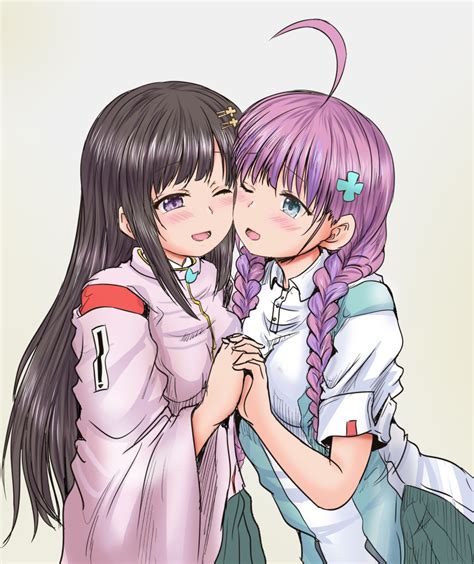 Safebooru 2girls Ahoge Black Hair Blush Braid Breasts Date Akari Face