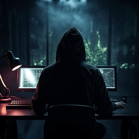 Premium Photo Full Rear View Of An Anonymous Hooded Hacker Coding In Darkness For Social Media