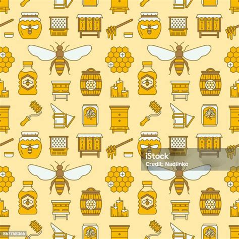 양 봉 색된 완벽 한 패턴 봉 벡터 일러스트 레이 션입니다 양봉장 얇은 라인 아이콘꿀벌 벌 통 배럴 비즈니스를 처리 하는 벌