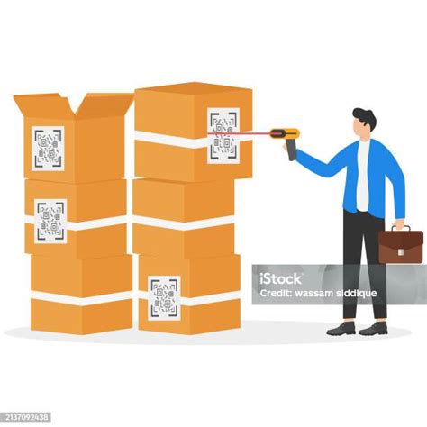 사업가 운영자가 Qr 코드 스캐너 손을 들고 있습니다 골판지 상자에 Qr 코드를 스캔합니다 Qr코드에 대한 스톡 벡터 아트 및