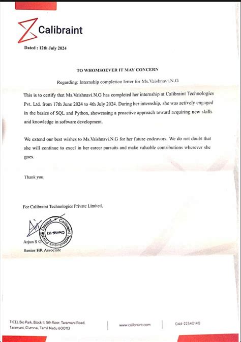 Vaishnavi Ng On Linkedin Internship Calibraint