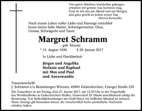 Traueranzeigen Von Margret Schramm Trauer In Nrw De