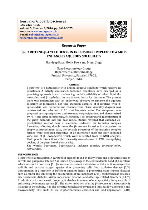 Pdf Beta Carotene Beta Cyclodextrin Inclusion Complex Towards Enhanced Aqueous Solubility