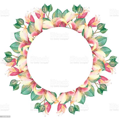 수채화 손 녹색 유칼립투스 잎이 있는 자연 꽃봉면 프레임 분홍색 허니서클 꽃과 싹 구성으로 초대및 인사말 카드로 텍스트 공간이