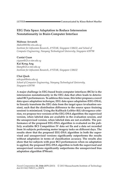 Pdf Eeg Data Space Adaptation To Reduce Intersession Nonstationarity In Brain Computer Interface