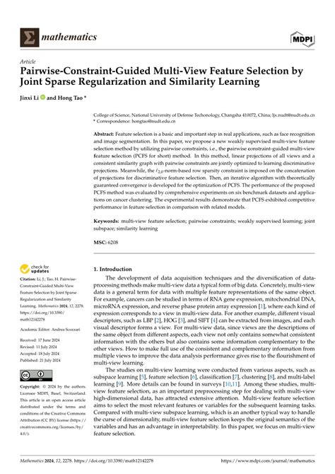 Pdf Pairwise Constraint Guided Multi View Feature Selection By Joint Sparse Regularization And
