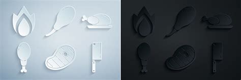 세트 스테이크 고기 구운 칠면조 또는 닭고기 치킨 다리 고기 헬기 화재 불꽃 아이콘 벡터 3차원 형태에 대한 스톡 벡터 아트 및 기타 이미지 Istock