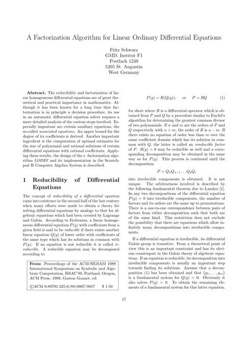 pdf a factorization algorithm for linear ordinary differential equations