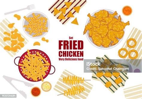 맛있는 패스트 푸드 일러스트 세트입니다 프라이드 치킨 버킷 닭다리 튀김 귀여운 치킨 만화 스타일입니다 포스터 디자인 및 광고를