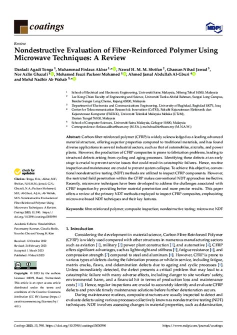 Pdf Nondestructive Evaluation Of Fiber Reinforced Polymer Using Microwave Techniques A Review