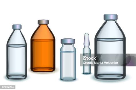 작은 약 또는 다양한 추출물 병 세트 백신을위한 현실적인 모의 유리 병과 앰플 흰색 배경에 고립 된 3d 유리 의료 용기 플랫