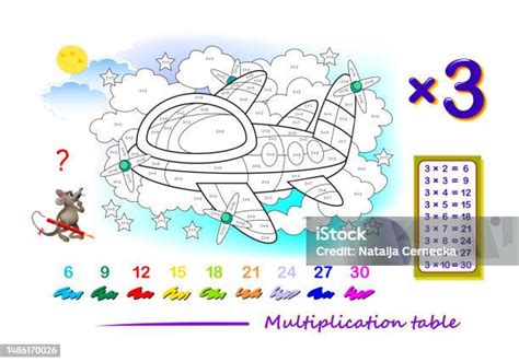 아이들을 위한 구구단의 3을 곱합니다 수학 교육 색칠 공부 예제를 풀고 비행기를 칠하세요 논리 퍼즐 게임 어린이 학교 교과서에 대한 워크 시트입니다 온라인 플레이 기억력