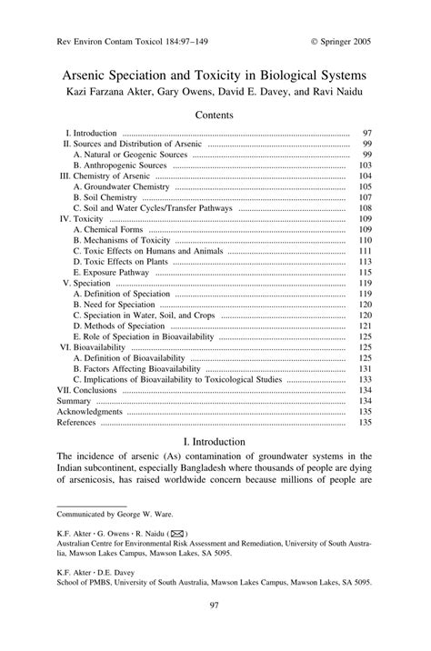 Pdf Arsenic Speciation And Toxicity In Biological Systems