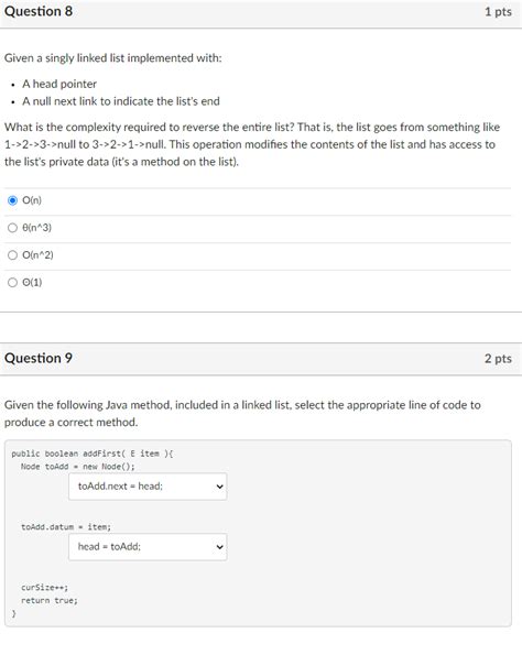 solved question 8 1 pts given a singly linked list