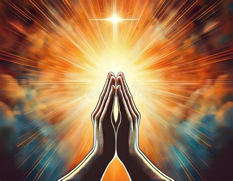 A Depiction Of Hands Raised In Prayer Towards A Softly Glowing Light Stock Illustration