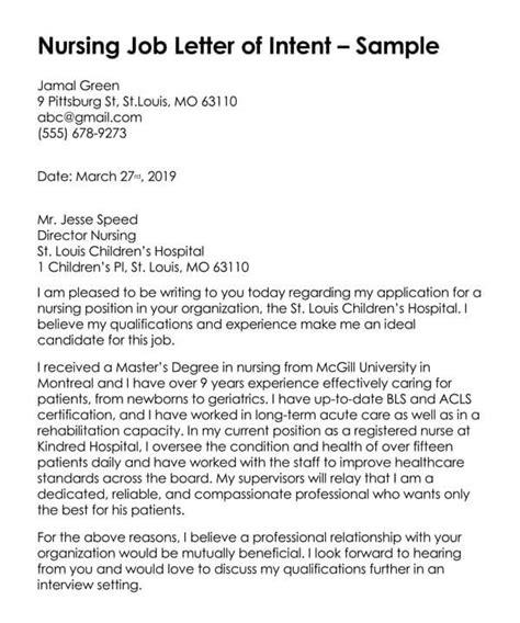 Letter Of Intent For Nursing School With Samples