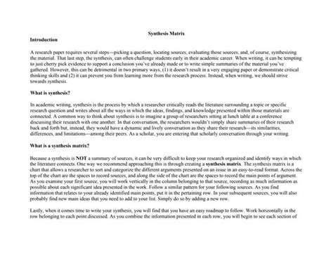 Synthesis Matrix Example Para Trabajos De Administracion Docx