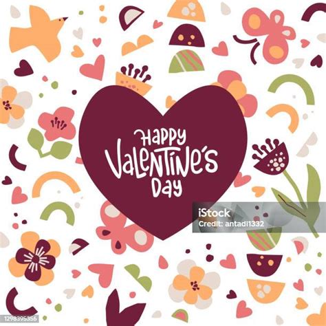해피 발렌타인 데이 인사말 카드 손으로 그린 꽃 나비 새 하트 심장 모양 안에 서예 문자꽃 콜라주 0명에 대한 스톡 벡터 아트 및 기타 이미지 Istock