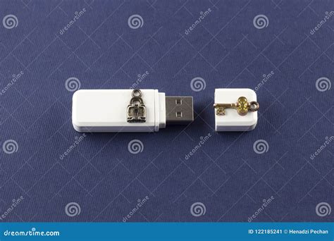 White Flash Drive On A Blue Background Key And Lock Usb Stock Image Image Of Memory