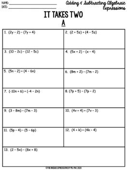 Adding And Subtracting Linear Expressions Partner Activity TPT