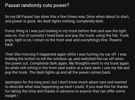 Sos Passat Randomly Cutting All Power Rvwpassat