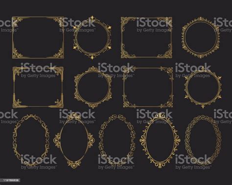 손으로 그린 빈티지 웨딩 타원형 둥근 사각형 프레임의 황금 세트 벡터 고립 된 골드 로얄 빅토리아 국경 액자에 대한 스톡 벡터 아트 및 기타 이미지 Istock
